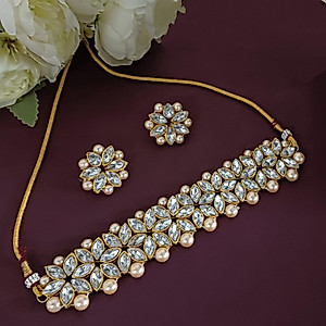 Efulgenz Crystal Pearl Choker Necklace Indian Jewelry Sets for Women Indian Jewelry Faux Pearl Floral Crystal Choker Necklace Stud Earrings Bollywood Wedding Choker Necklace for Women