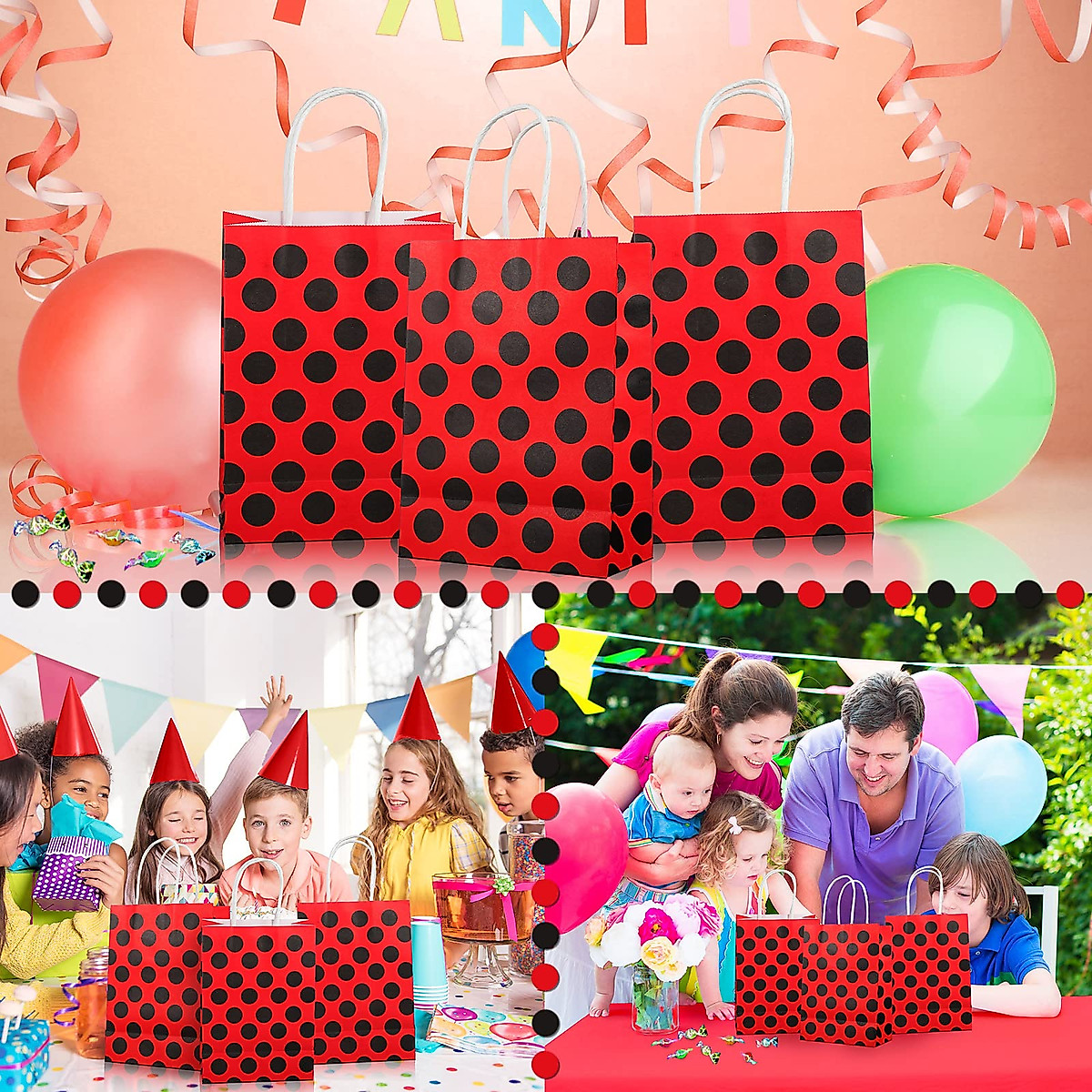 32 Pcs Ladybug Party Bags Ladybug Candy Bag Ladybug Party Favor Bags Ladybug Treat Paper Bags with Handle Red Black Polka Dot Kraft Paper Bag for Baby Shower or Ladybug Themed Birthday Party Supplies