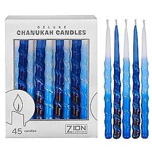 Zion Judaica Ltd Set of 45 Dripless Hanukkah Candles Spiral Candle Includes a DIY Dreidel, Prayer Card, Standard Size Menorah Candles for Eight Nights of Chanukah, Multi Tone Blue and White Ombre