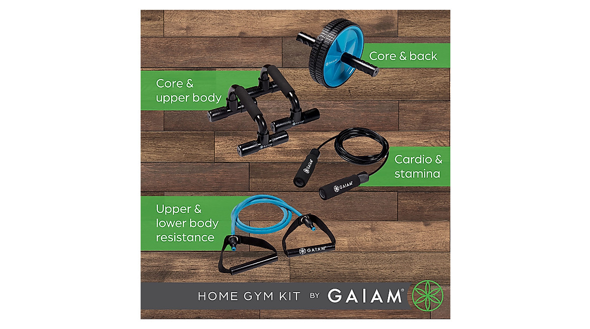 Gaiam Home Gym Kit for Total Body Workout - Ab Wheel & Resistance Bands