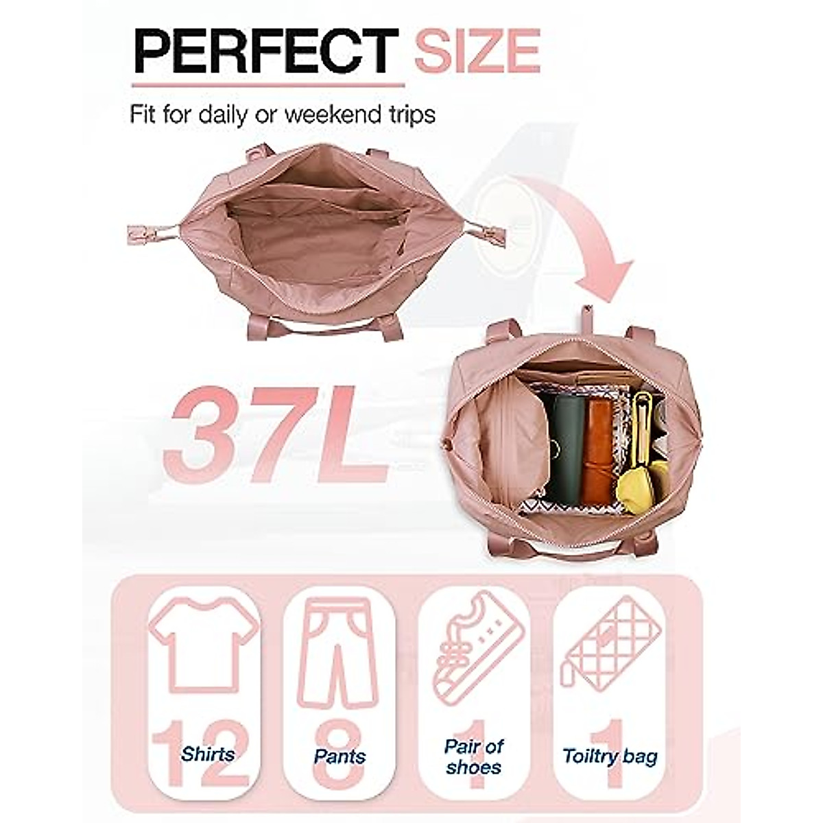 Weekender Bags for Women, BAGSMART Travel Duffel Bags with Shoe Compartment,Personal Item Travel Bag for Airlines, Carry on Overnight Tote Bag with Toiletry Bag, Black, Dark Pink-M-2PCS