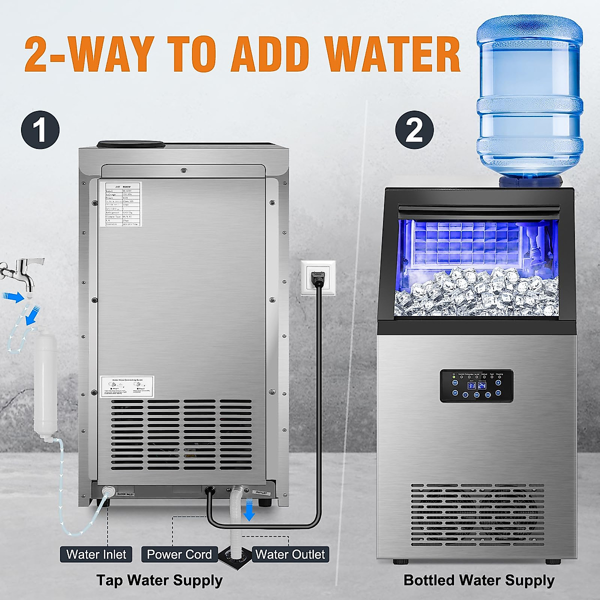 RAPSUAR Commercial Ice Maker Machine, 120Lbs/24H with 30Lbs Storage Bin, 40Pcs Ice Cubes 6Mins, 2-Way Add Water Under Counter Freestanding Ice Maker Commercial for Home Bar Office