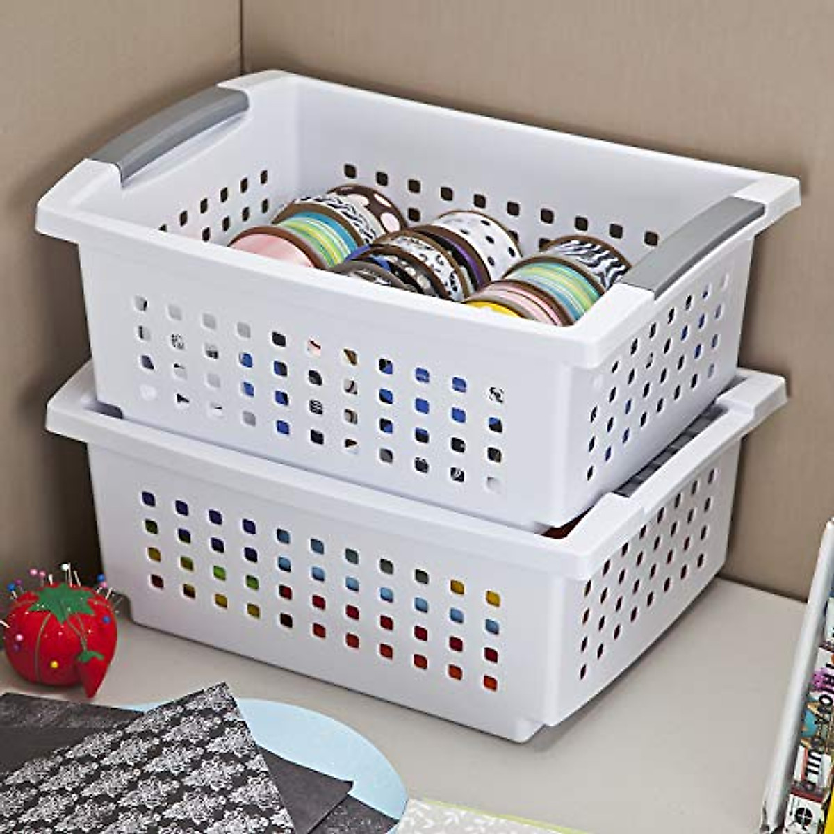 Sterilite 16628006 Medium Stacking Basket, White Basket w/ Titanium Accents, 6-Pack