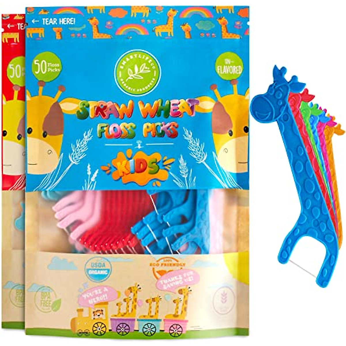 Biodegradable Kids Flossers - Unflavored Dental Floss Picks for Children | Fluoride & Plastic Free | Natural Fun Animal Flossing Sticks for Toddlers Teeth | Eco Friendly Organic Compostable, 100 Pack