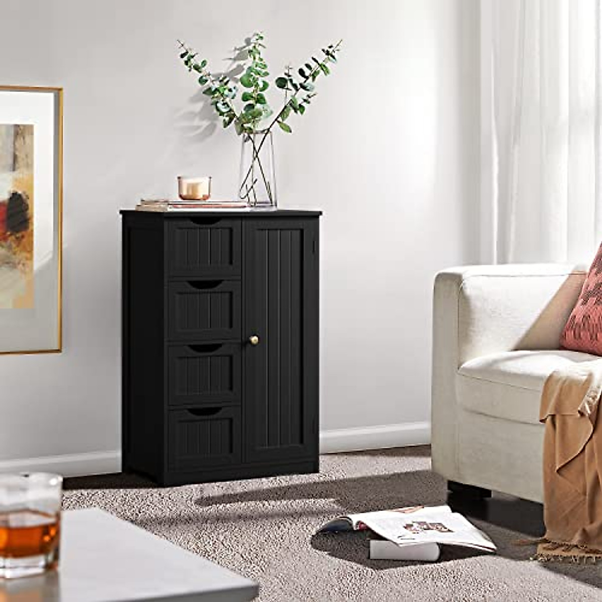 Yaheetech Wooden Bathroom Floor/ Side Storage Organizer Cabinet with 4 Drawers and 1 Cupboard, Freestanding Entryway Storage Unit Console Table for Home Decor