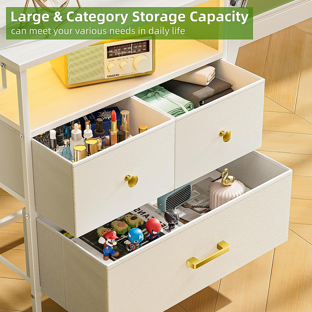 Widened Nightstand with Charging Station and LED Lights, Various Storage Modern Night Stand Bedside Table End Table with 3 Deep Drawers and Shelf, White Dresser for Bedroom (Glacier White)