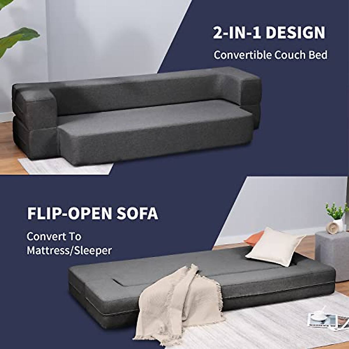 ZAFLY Queen Folding Sofa Couch Bed,8.6" Flip Out Sofa Bed,Convertible Sleeper Sofa Bed,Comfy Floor Couch Bed,Futon Sofa Bed Memory Foam Mattress,Linen Fabric Small Couches for Small Spaces,Dark Grey