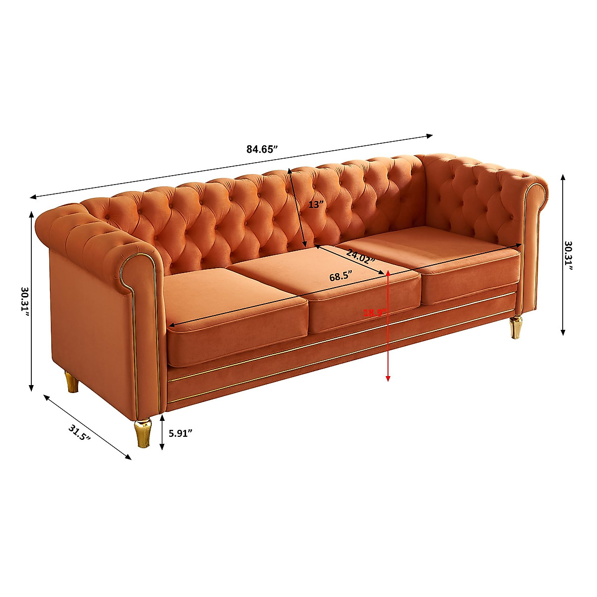 Homtique 84" Modern Sofa Couch for Living Room, 3 Seater Couch Comfy Velvet Sofa Button Tufted Rolled Arms and Gold Legs, Chesterfield Sofa for Home Studio/Office, Bedroom, Orange