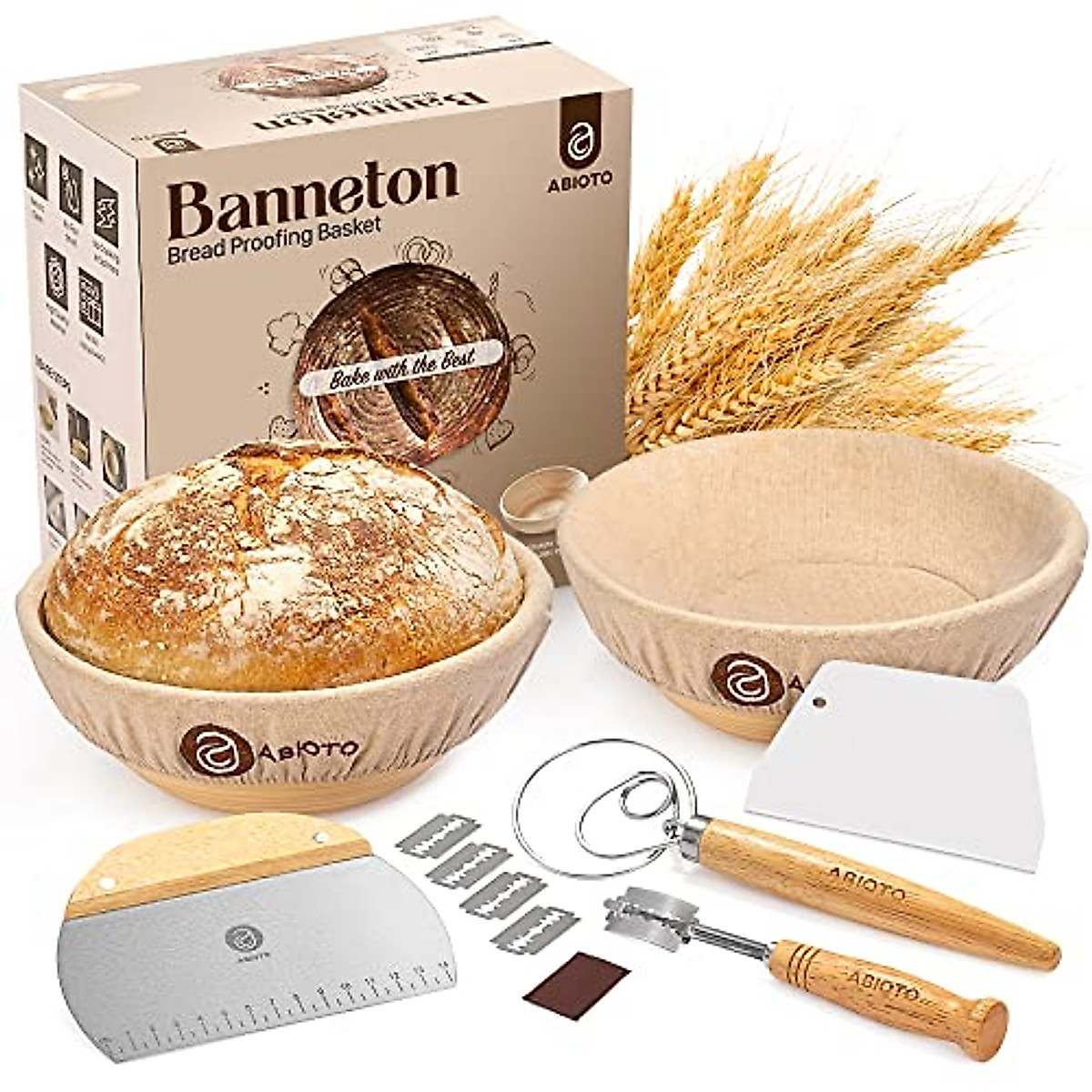 Sourdough Bread Proofing Baskets and Baking Supplies, A Complete Bread Making Kit Including Two 9" Round Bannetons, Bread Lame, Danish Whisk, Bowl & Dough Scrapers, and Linen Liners