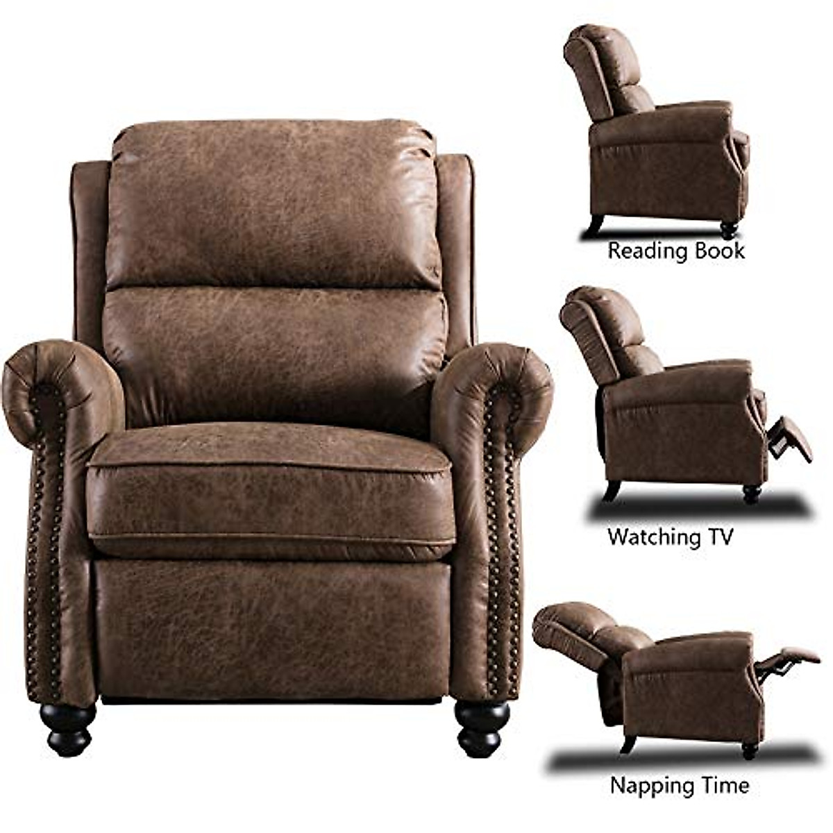 CANMOV Pushback Recliner Chair Leather Armchair Push Back Recliner with Rivet Decoration Single Sofa Accent Chair for Living Room, Chocolate