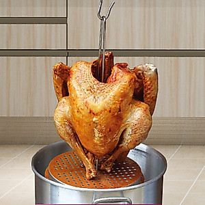 BOHK Turkey Chicken Fryer Poultry Rack Set Deep Frying Rack and Handle lifter Hook Stainless Steel Vertical Chicken Roaster Stand Rack, Heavy Duty Aluminum Roasting Drip Pan (Style A)