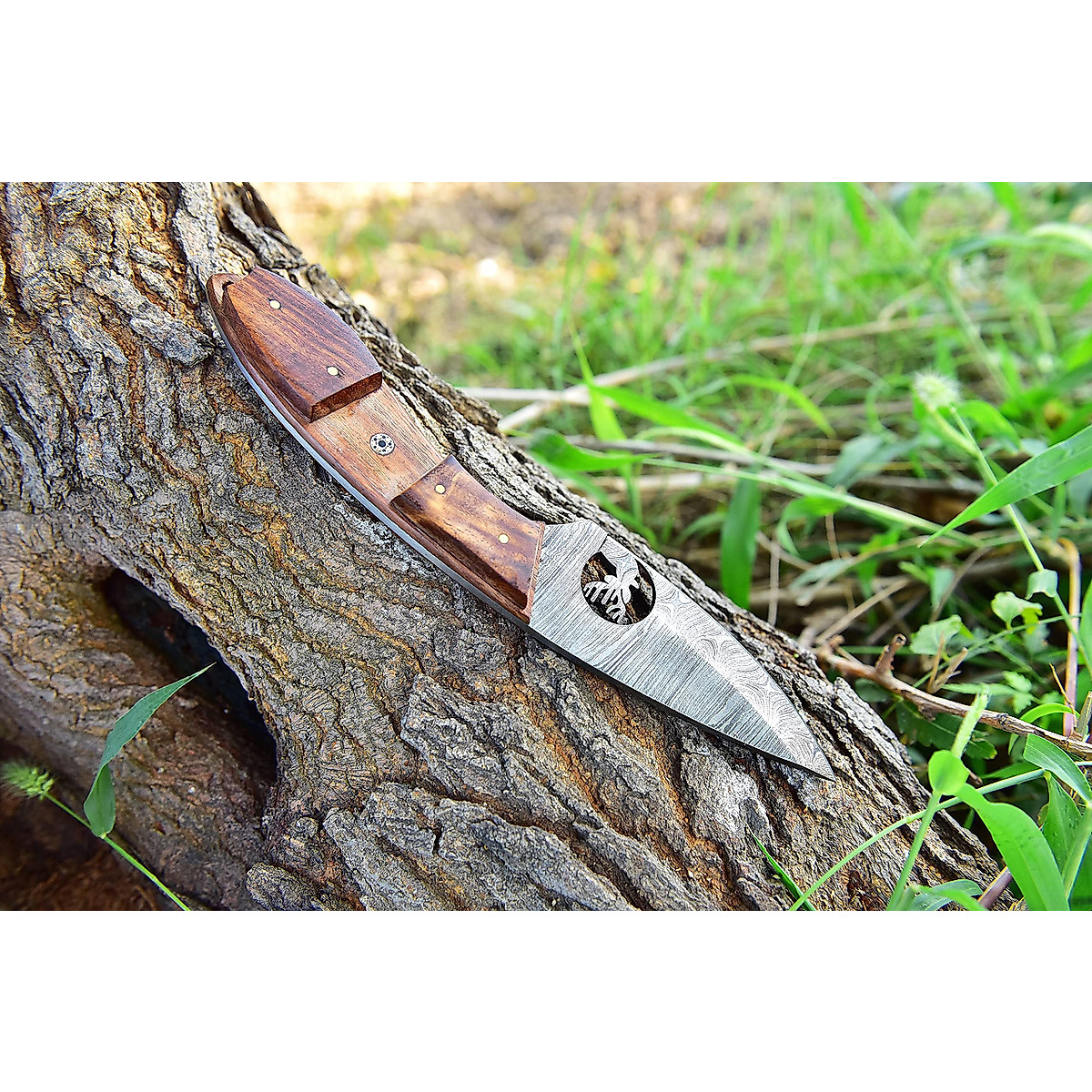 Damascus Hunting Knife - Handmade Knife, Hand Forged Fixed Blade Knife, Camping Knife & Hunting Knives - Gift Knives & Bowi Knives with Rose Wood Handle - Leather Knife Sheath