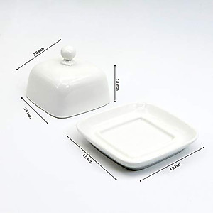 NAGU Mini Square Butter Dish with Lid, White Procelain Domed Cheese Dish with Handle Individual Serving Small Butter Tray, Cute Ceramic Dessert Serving Bowl for Table, Countertop, Refrigerator