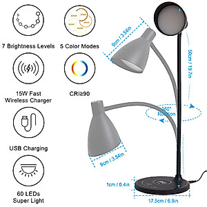 KAiSnova Desk Lamp with Wireless Charger & USB Charging Port, 60 LED Desk Lamps for Home Office, 5 Color & 7 Levels Brightness Touch Control Table Lamp, Gooseneck Desk Lamps for Bedroom Bedside Dorm