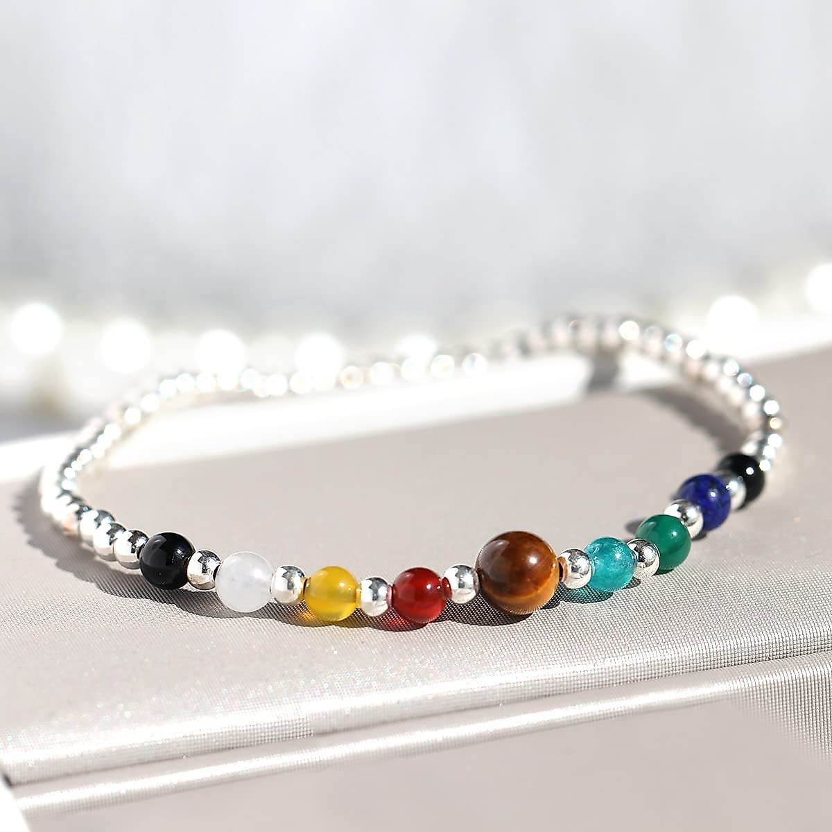 Jewever 7 Chakra Healing Bracelet with Real Stones Sterling Silver Bracelets for Women Crystals and Healing Stones Yoga Meditation Balance Stretch