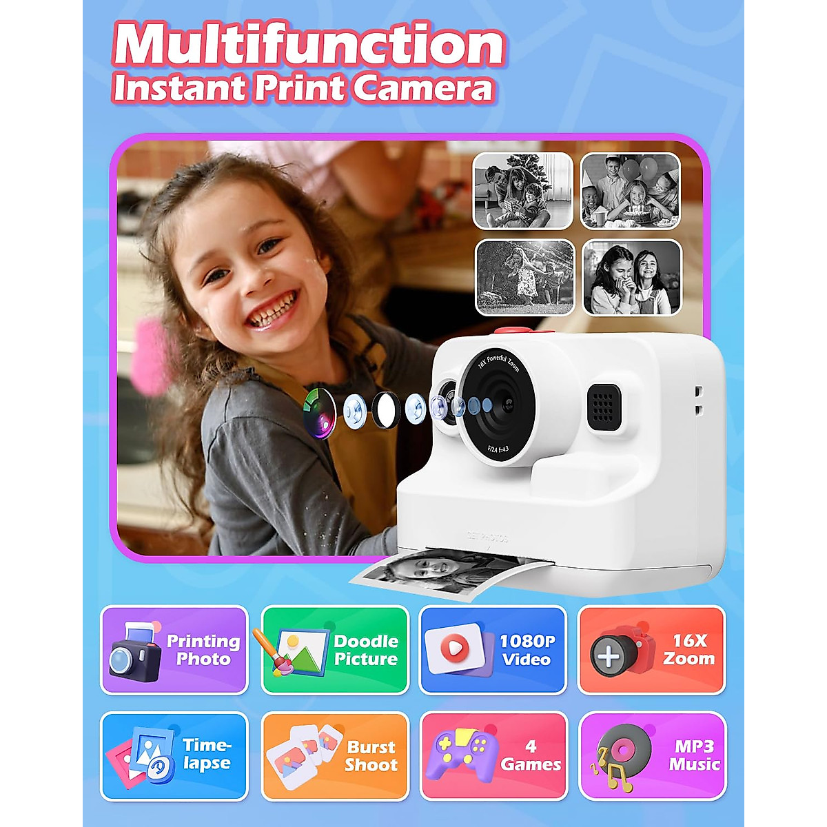 Anchioo Kids Camera Instant Print, 1080P Kids Digital Camera with Printer Paper, Christmas Birthday Gift for Girls Boys Age 3-12, Kids Print Camera Toy for 4 5 6 7 8 Year Old Boy, 32G SD Card - White