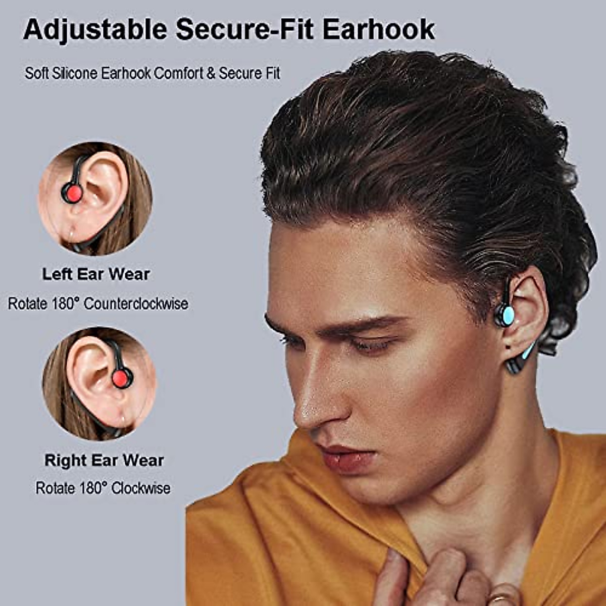 Open Ear Headphones Bluetooth Single Bone Conduction Wireless Earbuds with Earhooks Microphone Earphones Waterproof Long Battery Life Earpiece for Workout Sports Running Android iOS Non Ear Plug Blue