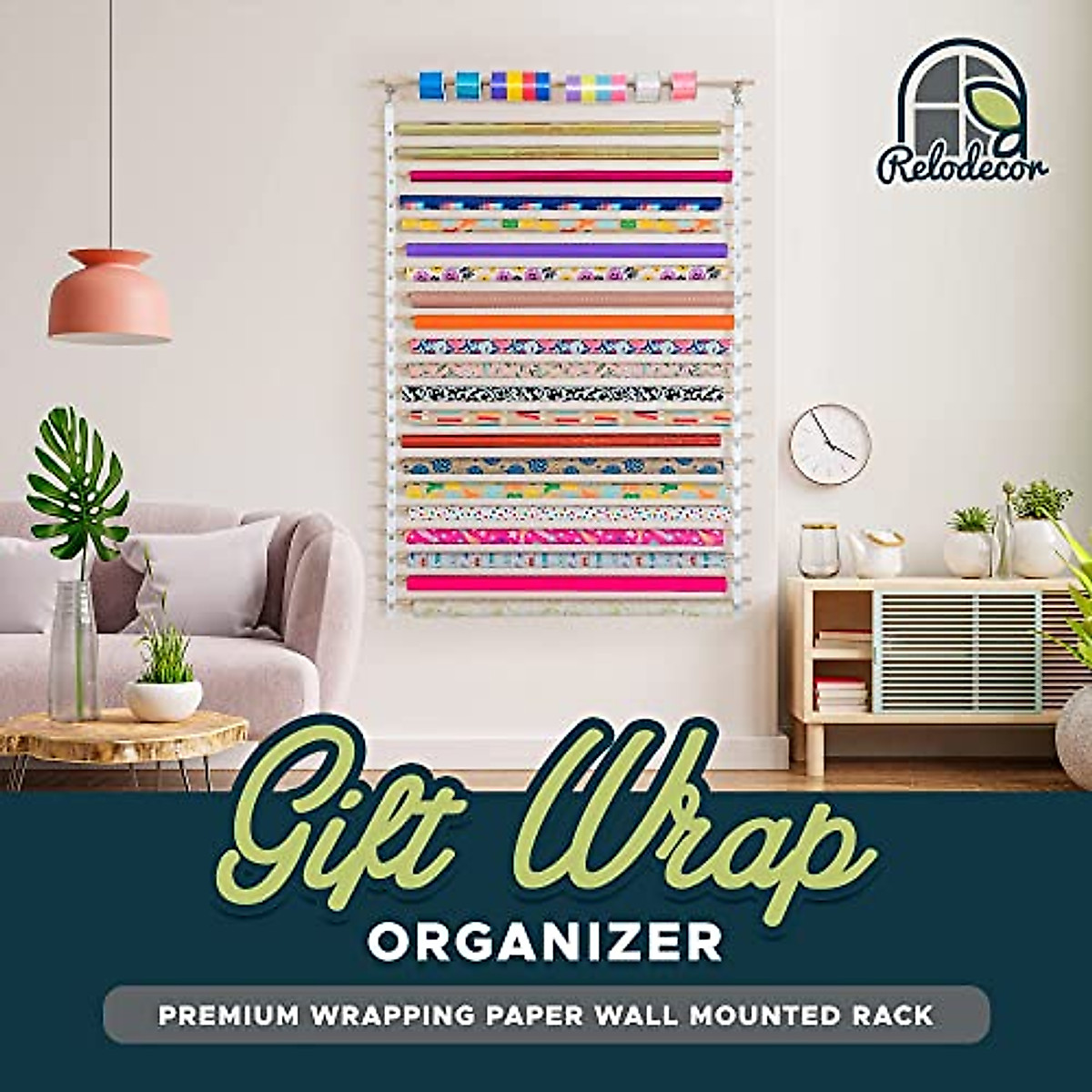 RELODECOR Gift Wrapping Paper Storage Organizer - 22 Rolls - Ribbons, Cellophane, Vinyl Rolls, Paper and Other Arts and Crafts Items Hanging Rack Dispenser, Easy Wall Mount Wrapper Storage