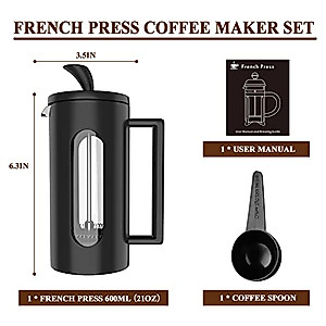 BOMPCAFE 2-4 Cups French Press Coffee Maker Cafetiere - 600ML - 4 Level Filtration System, Heat Resistant Borosilicate Glass with Stainless Steel Filter, 21 oz/600 ML