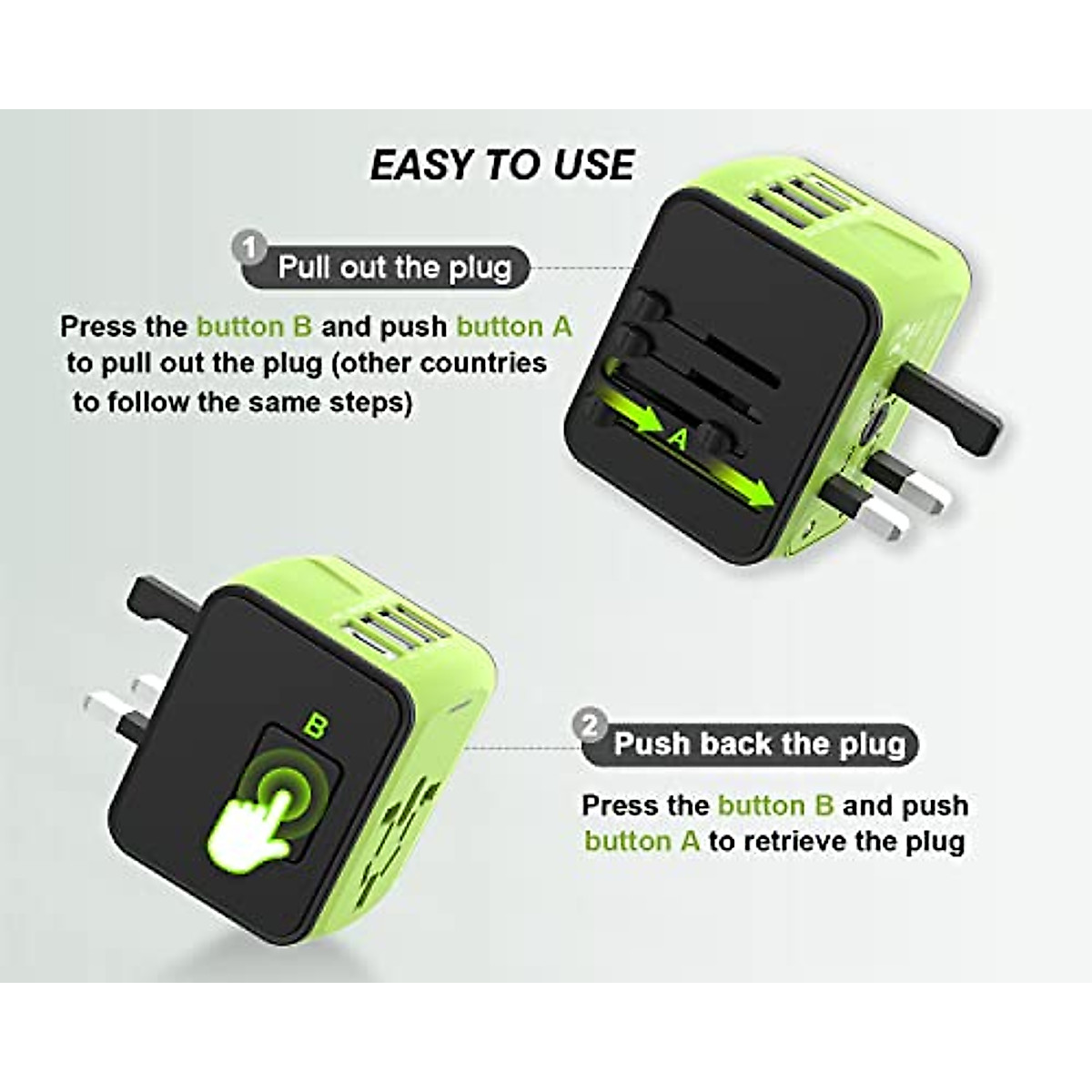 RXSQUL Universal International Power Travel Plug Adapter, 5 in 1 European Adapter W/ 2.4A 3xUSB-A 3.0A 1xUSB C Wall Charger and Worldwide AC Outlet for Europe USA UK AUS Asia-Green