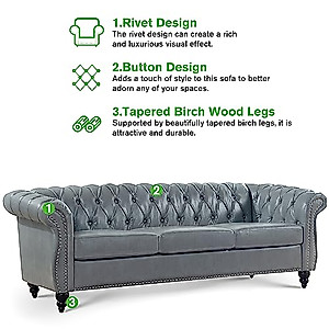 Gray 3 Seat Sofa, Retro Chesterfield Sofa Couch with Rolled Arms, 84.65" PU Leather Three Seater Sofa Couch for Living Room Bedroom Office