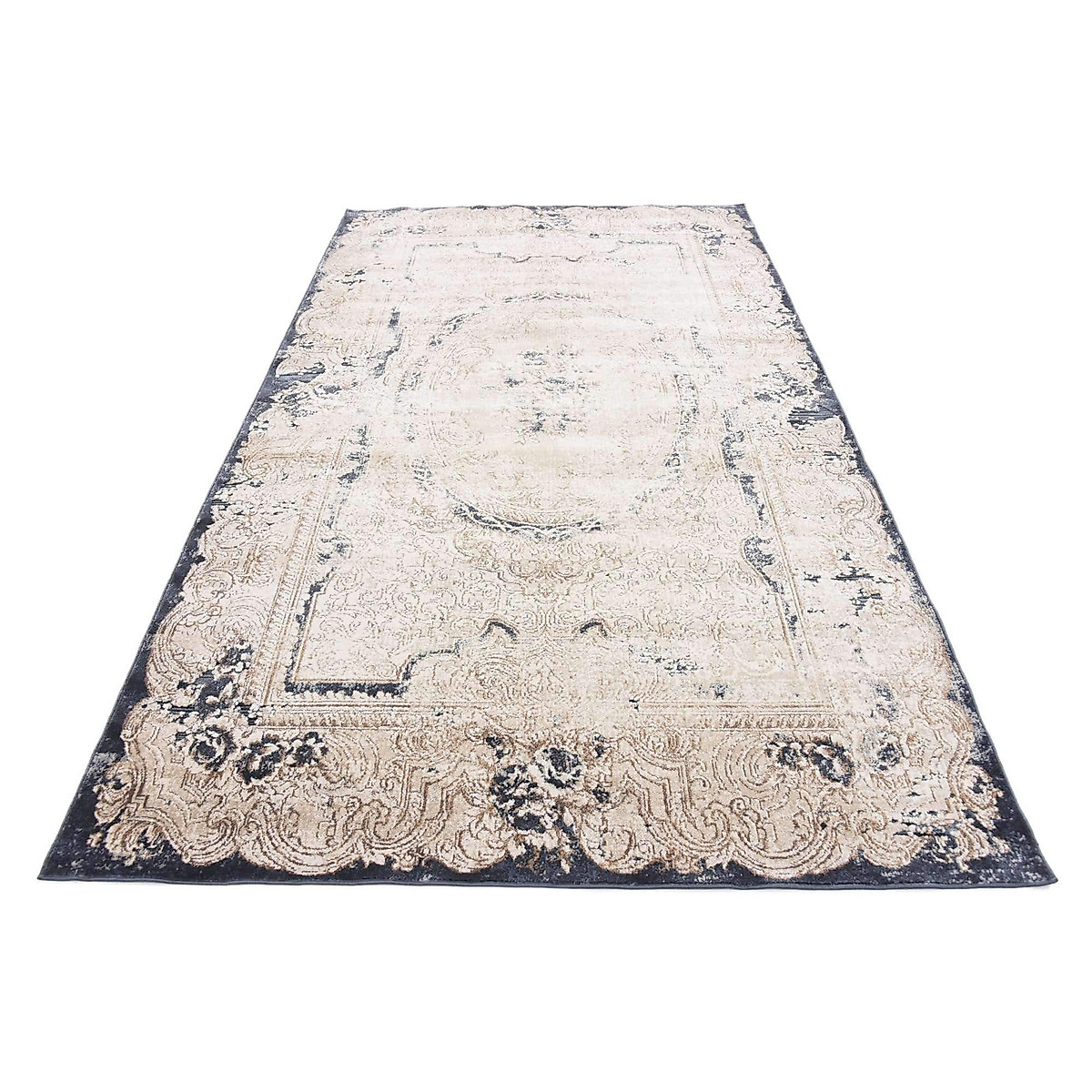 Unique Loom Chateau Collection Rustic, Vintage, Medallion, Textured, Distressed, Traditional Area Rug, 5 ft x 8 ft, Beige/Navy Blue