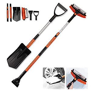 Epltion 57″ Expandable Snow Brush and Ice Scraper, 4 in 1 Ice Scraper for Car Windshield, 270° Pivoting Snow Brush Head with Squeegee and Foam Grip, Snow Removal Tool for Christmas SUV Truck (Orange)