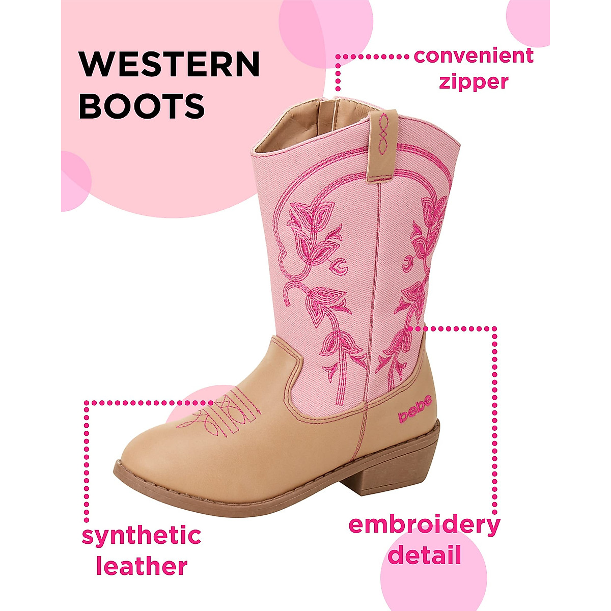 bebe Girls' Cowgirl Boots - Classic Western Cowboy Boots - Mid Calf Boots for Toddlers, Little and Big Girls (5T-7), Size 2 Little Kid, Taupe/Pink