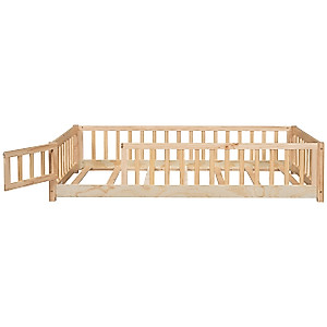 CITYLIGHT Twin Size Floor Bed with Rails and Door, Wood Montessori Floor Bed Twin Size with Support Slats, Kids Twin Bed Frame for Boys,Girls, Natural