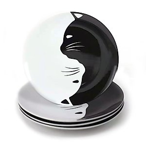 LEADEX Black and White Cat Porcelain Plate Set, Best Gift For Cat Lover (8-inch salad plate set)