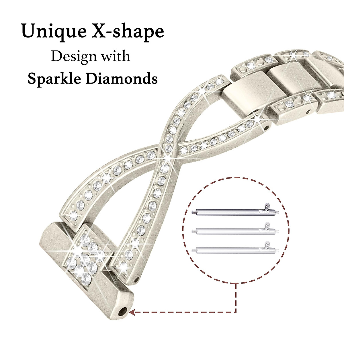 G-ficu Galaxy Watch 7/6/5/4/FE band, 20mm X-Shape Band for Samsung Galaxy Watch 4 5 6 7 Band 40mm 44mm, Women Bling Metal Bands for Watch 5Pro/Watch 6 4 Classic/Watch 3 41mm/Active 2-Cream Silver