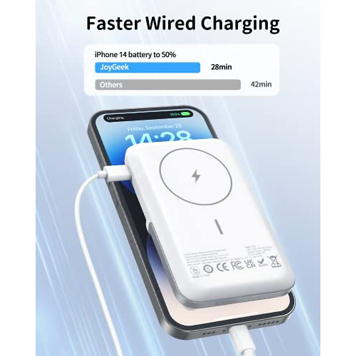 JoyGeek Magnetic Portable Charger, 10,000mAh Wireless Power Bank with Foldable Stand, Mag Safe Battery Pack PD 20W Fast Charging with C-C Cable for iPhone 14/14 Pro/14 Pro Max/14 Plus & 13/12 Series