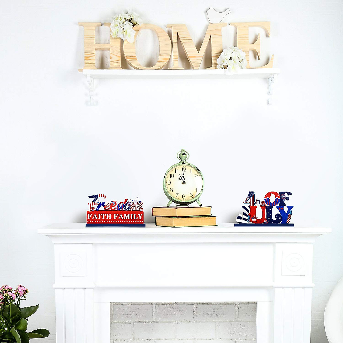 Frienda 3 Pcs 4th of July Table Decoration Patriotic Centerpiece Fourth of July Wooden Sign Independence Day Table Sign American Flag for Freedom Faith Table Decoration for Memorial Day Home Decor