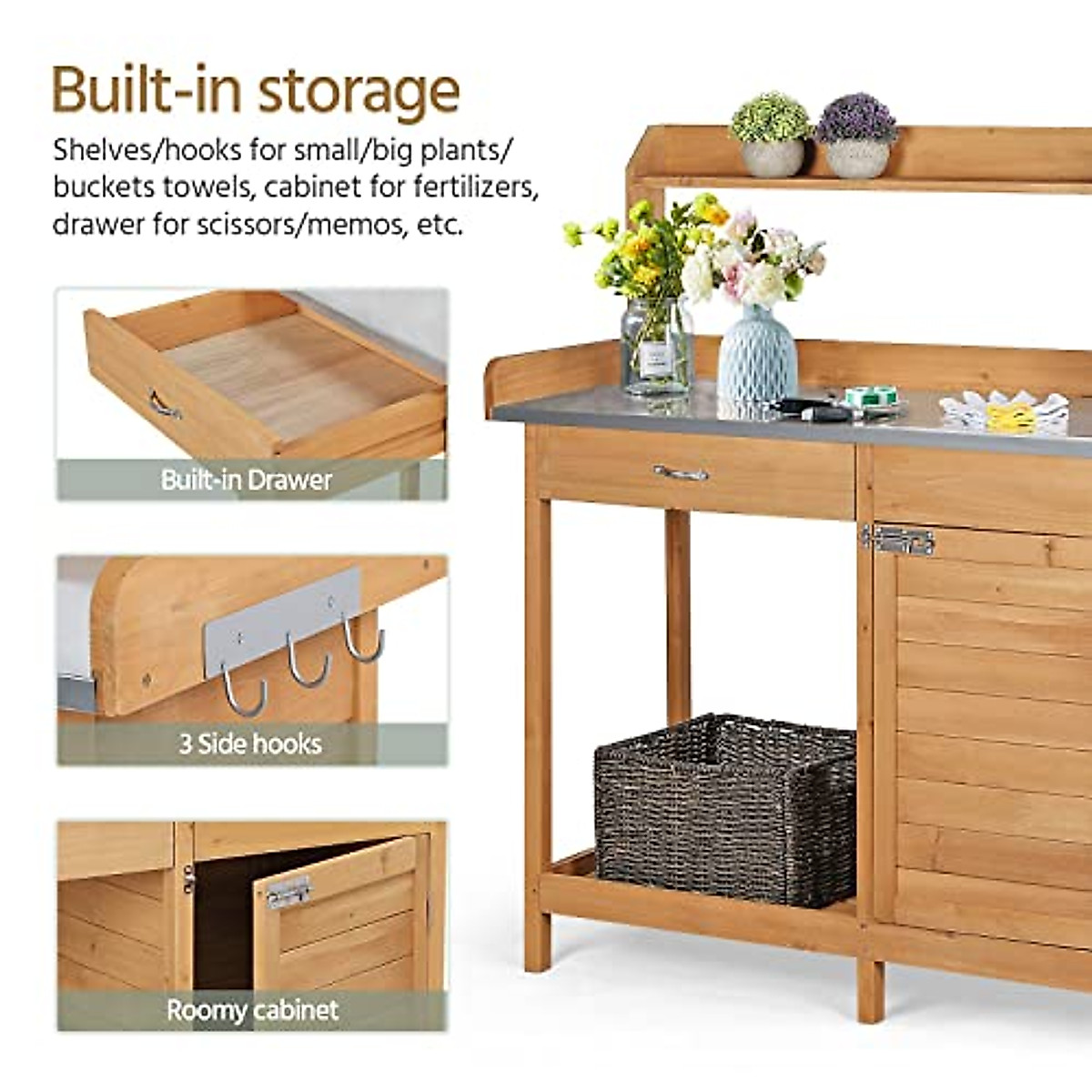 Yaheetech Outdoor Potting Bench Table, Garden Workstation w/Metal Tabletop/Cabinet Drawer/Open Top/Lower Shelf/Handy Hooks for Horticulture, Natural Wood