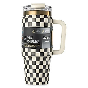 Thymes & Tables Tumbler with Handle, Dual Straw Lid, Stainless Steel Double Wall Insulated, Cream & Black, 32oz