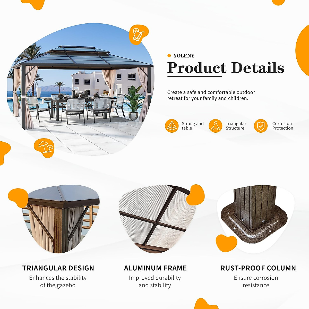 YOLENY 10'x13' Hardtop Gazebo, Outdoor Polycarbonate Double Roof Canopy, Aluminum Frame Permanent Pavilion with Curtains and Netting, Sunshade for Garden, Patio, Lawns