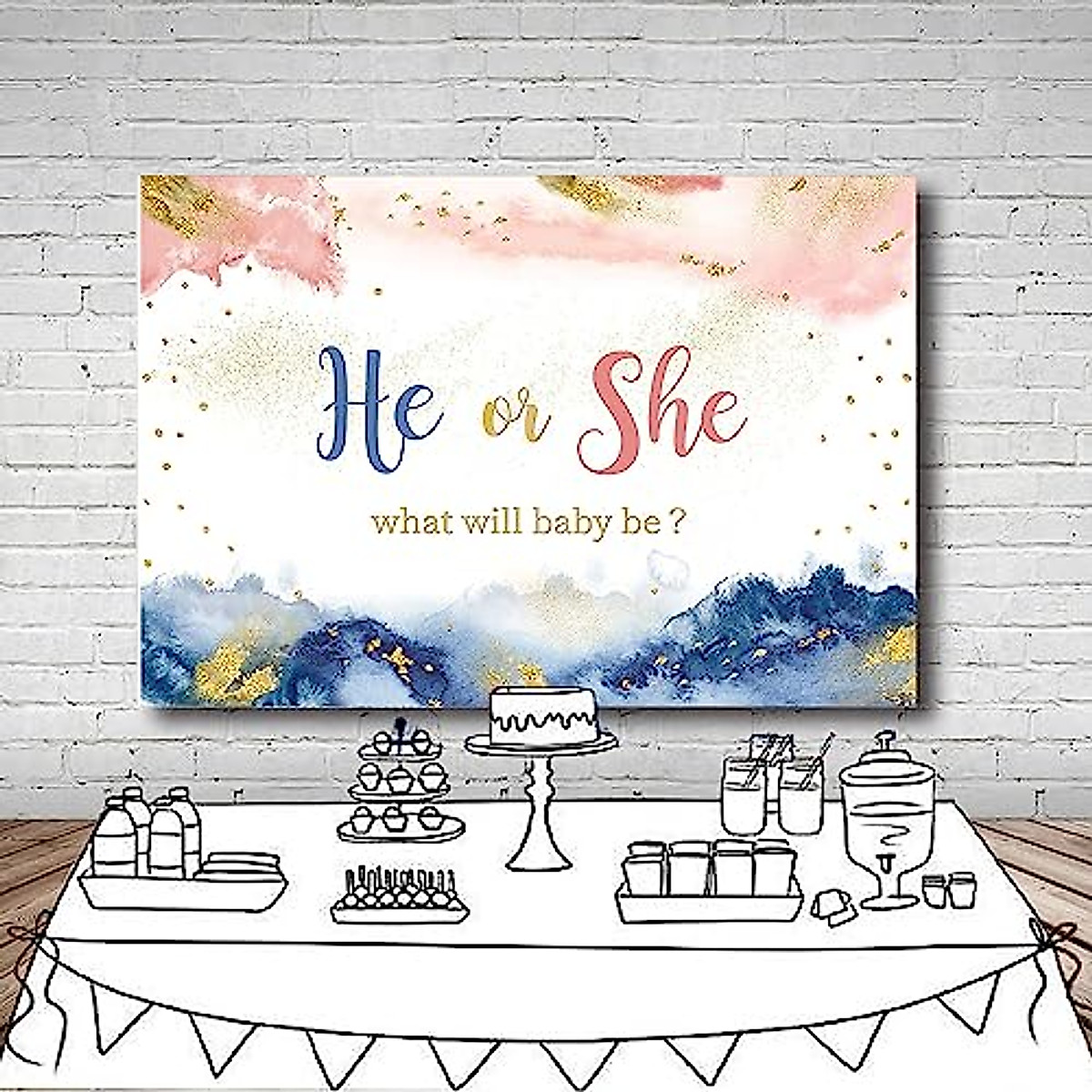 MEHOFOND 7x5ft Gender Reveal He or She Backdrop What Will Baby Be Baby Shower Backdground Boy or Girl Photography Photo Booth Banner Gold Glitter Newborn Party Photo Studio Booth Props