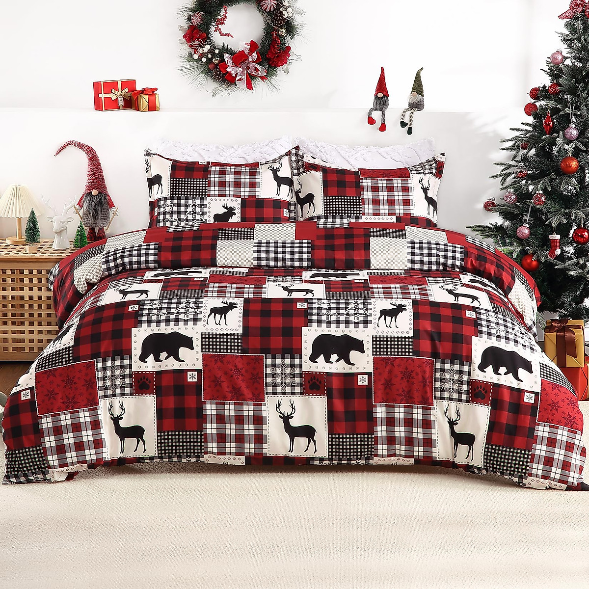 STARBEDIA Christmas Duvet Cover King, Soft Brushed Microfiber Comforter Cover Sets, Reindeer Printed Holiday Theme Bedroom Decorative Bedding (King Size, Christmas Plaid Deer)