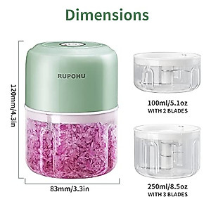 RUPOHU Wireless Electric Mini Food Choppers, Green Powerful Electric Garlic Chopper，Small Food Processor For Garlic Pepper Chili Onion Celery Ginger Meat with Spoon and Brush（100+250ml)