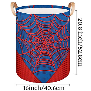 Large Laundry Hamper Basket Blue Spider Web Round Collapsible Storage Organizer Bin for Kids Room, Boys, Nursery, Closet, Bedroom, Playroom, Toys, Dirty Clothes, 16"W x 20"H