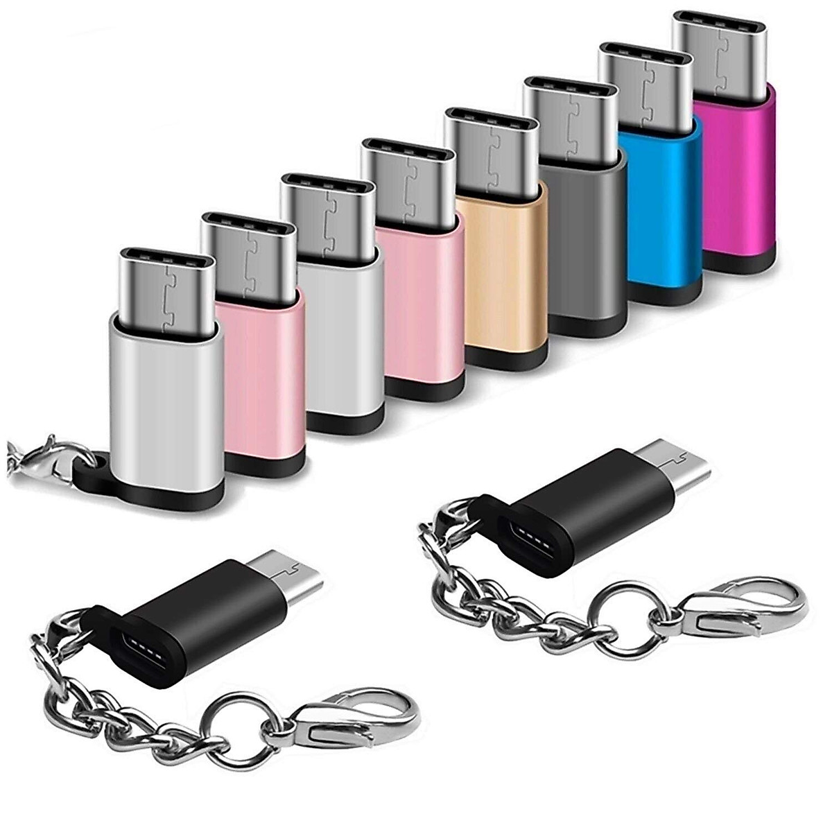 USB Type C Adapter 10 Pack Micro USB Female to USB-C Male Converter Android Cable Connector with Keychain Charger fit Samsung Galaxy S10 S9 S8 Plus S9+ Note 10 10+ 9 8 LG V30 V20 G7 G6 G5 Pixel 3 Moto