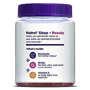 Natrol Sleep+ Beauty, Drug Free Sleep Aid Supplement, for Skin, Hair, Nails, Biotin, Vitamin E, 60 Raspberry Flavored Gummies