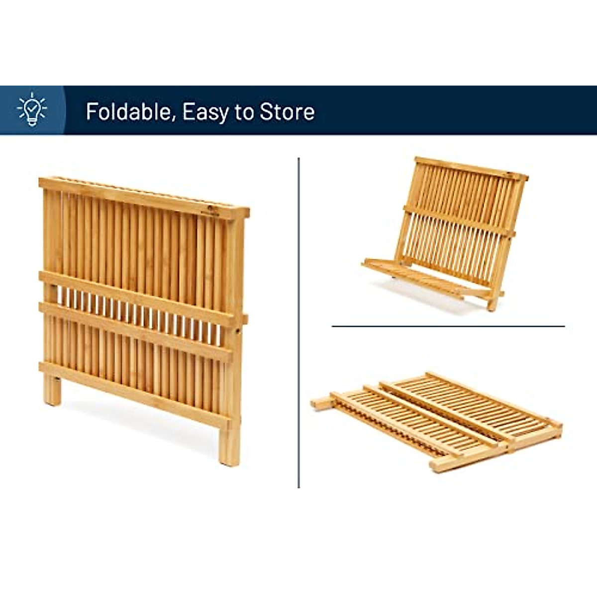 RoyalHouse Premium Natural Bamboo Dish Rack, Collapsible Dish Drainer, Foldable and Compact Dish Drying Rack for Kitchen Counter