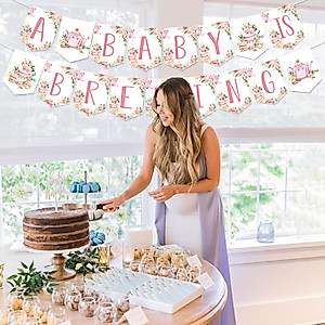 Fangleland Tea Party Baby Shower Banner for Girl - A Baby Is Brewing Tea Theme Pink Floral Banner Decorations, Girl’s Gender Reveal Pregnancy Celebration Hanging Garland Party Supplies