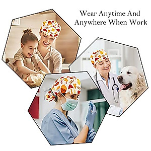 LWSHUNYI 2PCS Working Cap with Button Reusable Surgical Cap Lovely Acorn & Leaves Pattern Tie Back Bouffant Hats for Women Long Hair