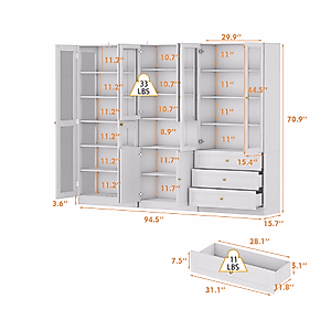 Homsee Tall Bookcase Bookshelf with Glass Doors & Countertop, Wooden Storage Cabinet with 3 Drawers, Display Cabinet for Living Room, Home Office, White (94.5”L x 15.7”W x 70.9”H)