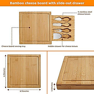 Yibidys Cheese Board Set, Charcuterie board Set, Bamboo Cheese Plate including Knife Sets, Cheese Tray with Slide-Out Drawer for Home and Gift