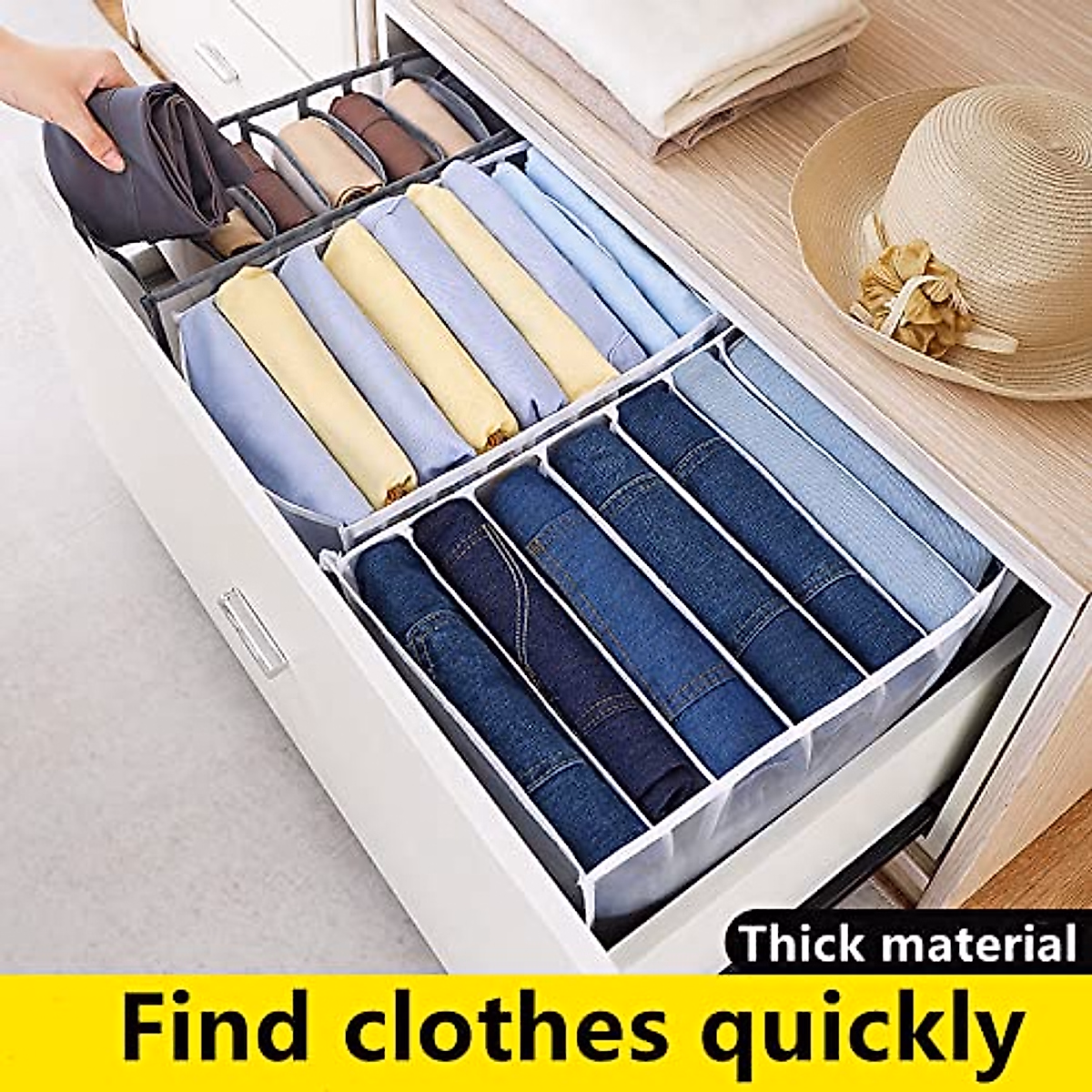 BINGC 2 PCS Washable Wardrobe Clothes Organizer , 7 Grid Drawer Foldable Visible Storage Box Jeans Compartment Divider Boxes for Jean Pants Socks Bras Ties Lingerie Scarves (14.2x9.9x7.8inch, WHITE)