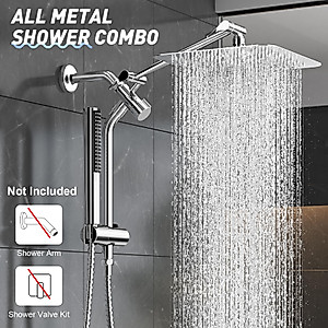 Veken 10'' All Metal Shower Head with Handheld Spray Combo, High Pressure Square Shower Heads with Wand & Extension Arm, Rain Shower Head with Power Wash, Wide Adjustable Rainfall Showerhead Chrome