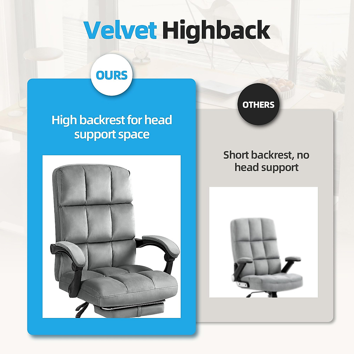 Velvet Ergonomic Office Chair with Footrest - Comfortable High Back Reclining Computer Chair for Home Office (Grey)